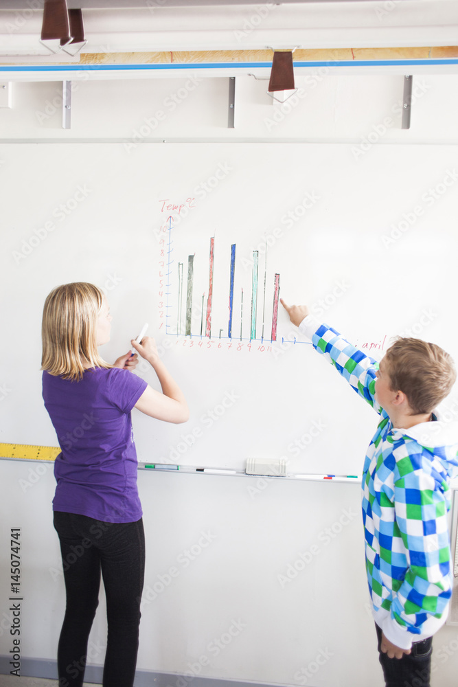 Students drawing bar graph on whiteboard in classroom Stock Photo ...