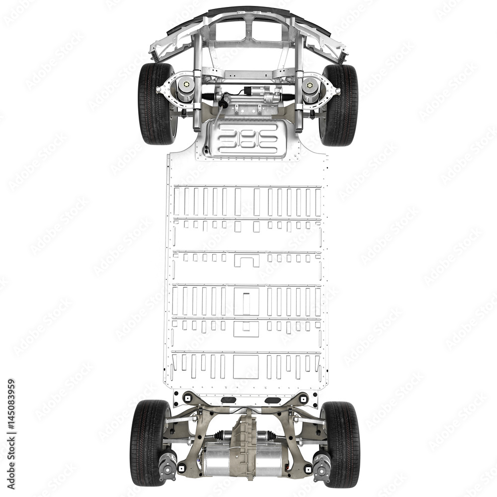 Sedan chassis with electric engine with battery isolated on white. Top ...