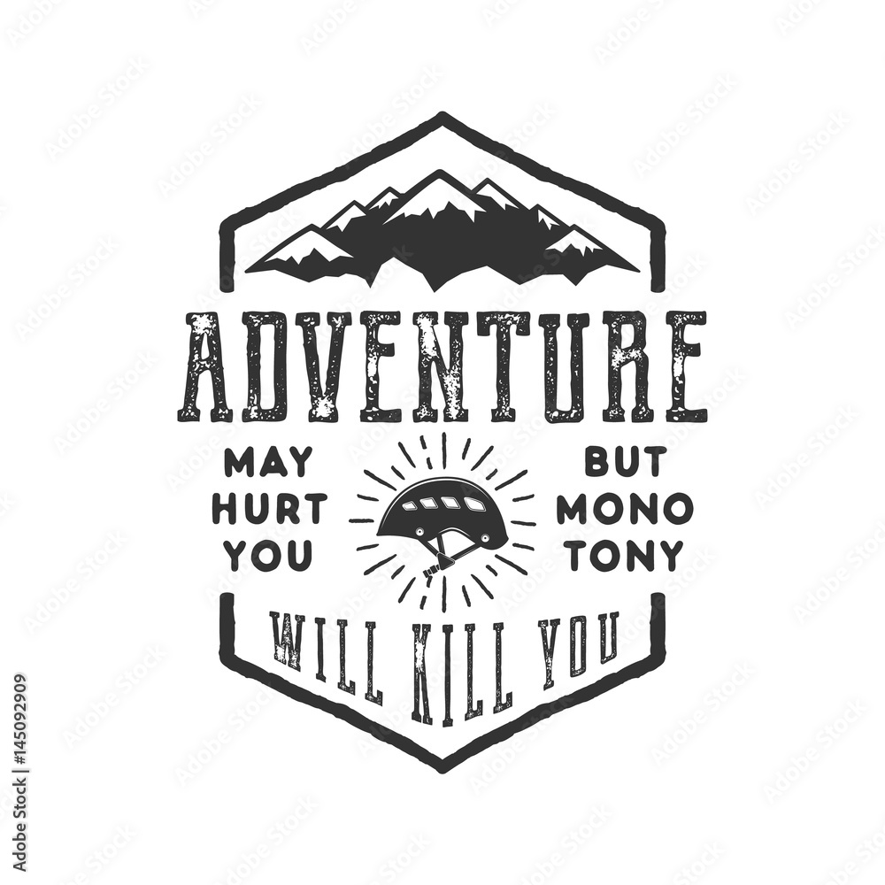 Vintage adventure Hand drawn label design. "The Adventure Begins" sign ...