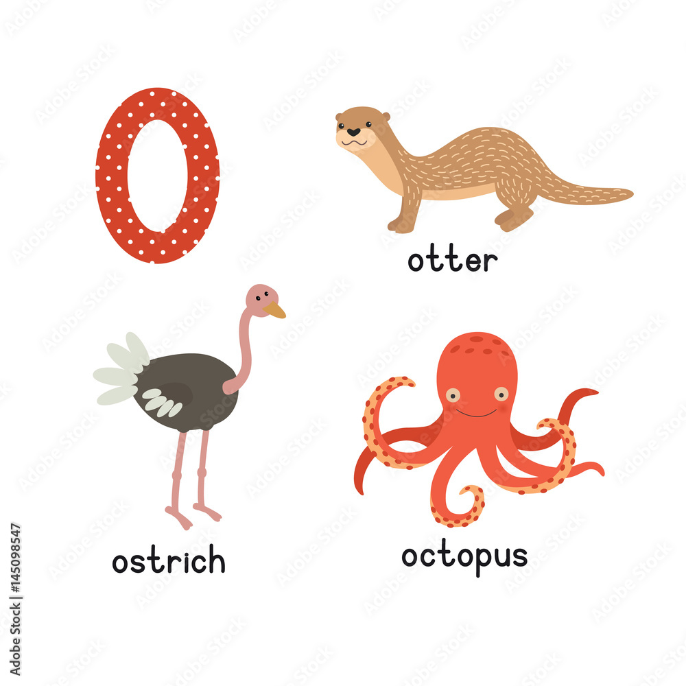 Set animals with the letter o. Otter, ostrich, octopus. Vector ...