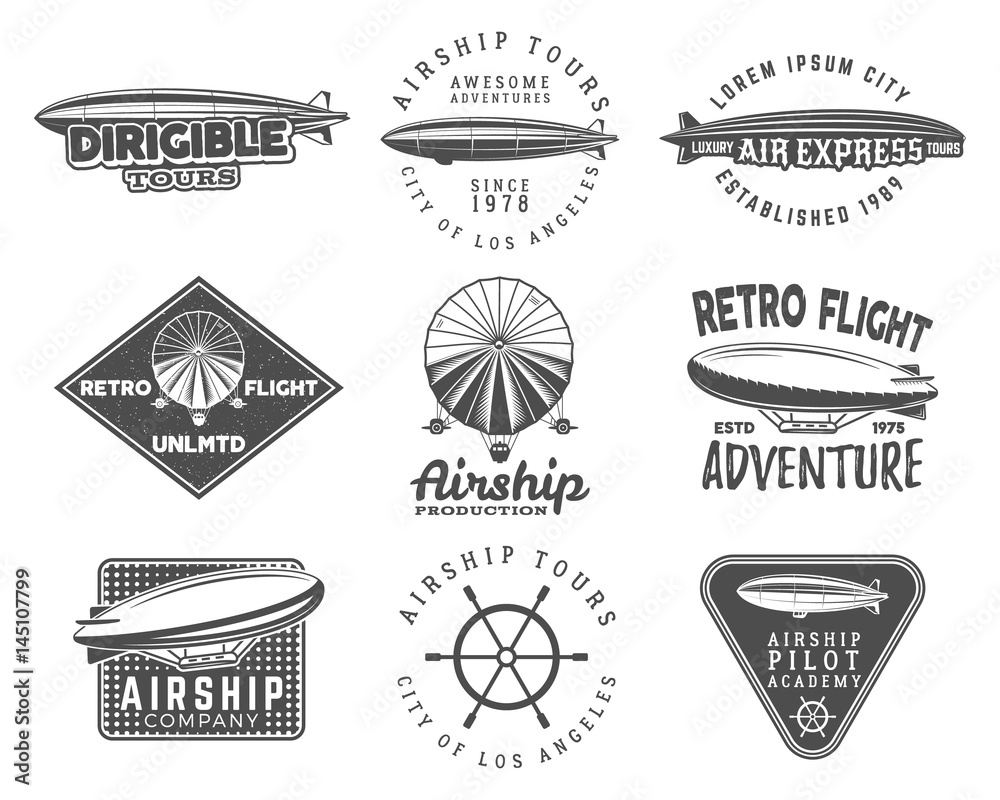 Vintage airship logo designs set. Retro Dirigible badges collection ...