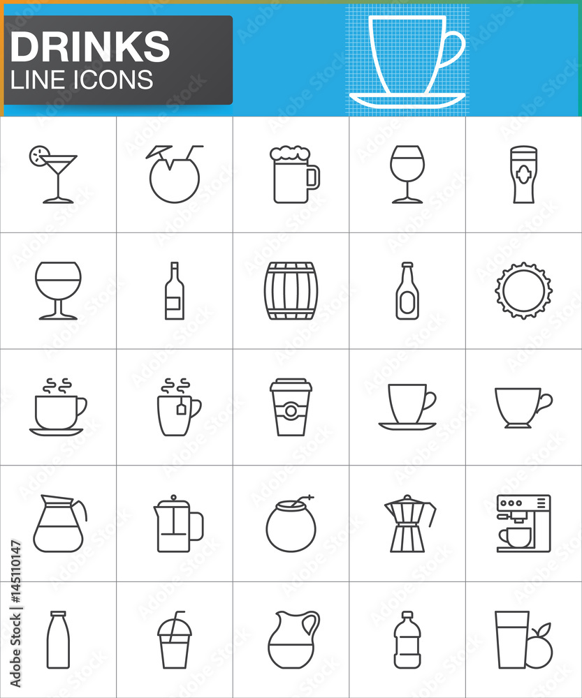 Drinks line icons set, outline vector symbol collection, linear style ...