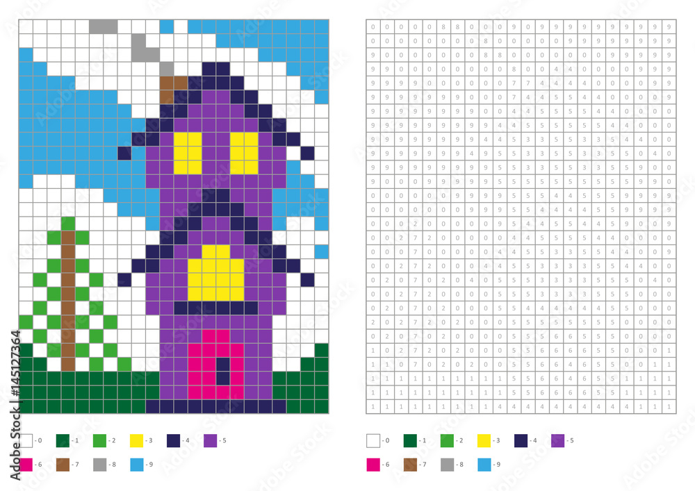 Coloring book with numbered squares. Kids coloring page, pixel coloring ...