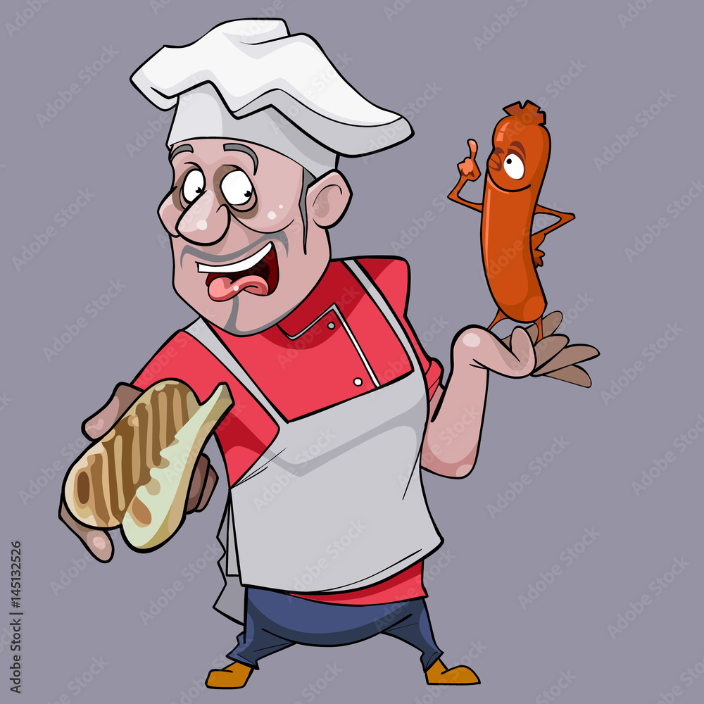 cartoon surprised man cook holding a bread and a sausage Stock Vector ...