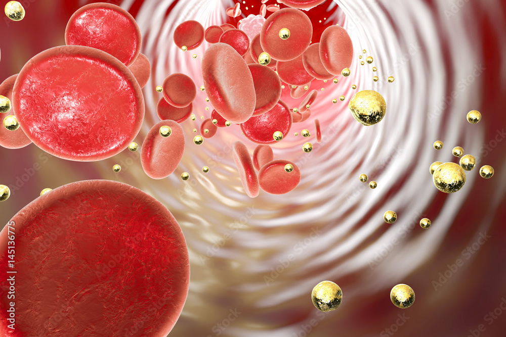 Nanoparticles in blood, 3D illustration. Conceptual image illustrating ...