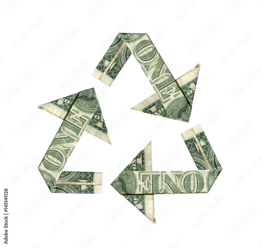 Dollar bills folded into the recycling symbol showing that recycling ...