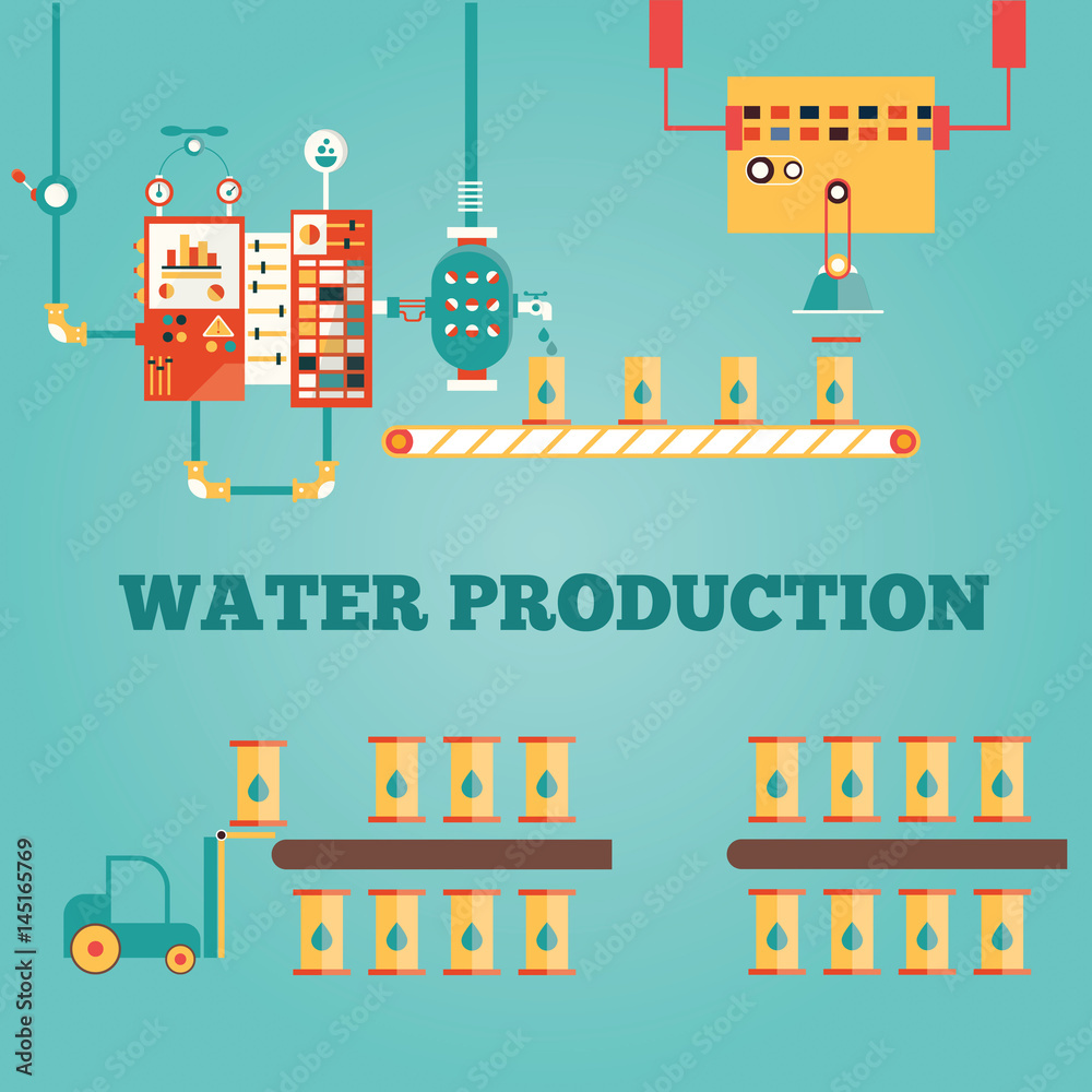 Modern vector illustration of Mineral Water production. Water factory ...