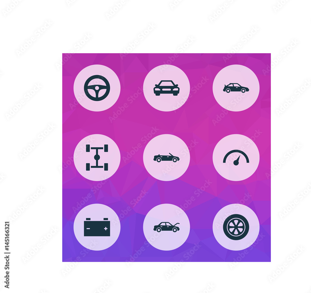 Car Icons Set. Collection Of Chronometer, Drive Control, Wheel And ...