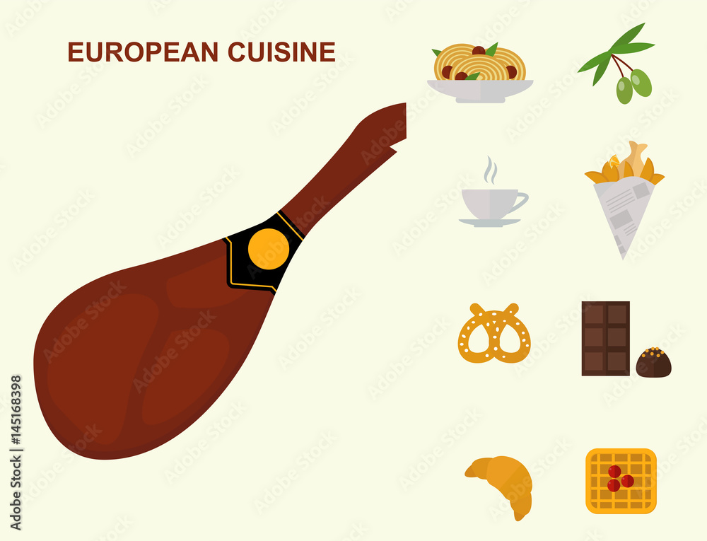 European tasty food cuisine dinner food showing delicious elements flat ...