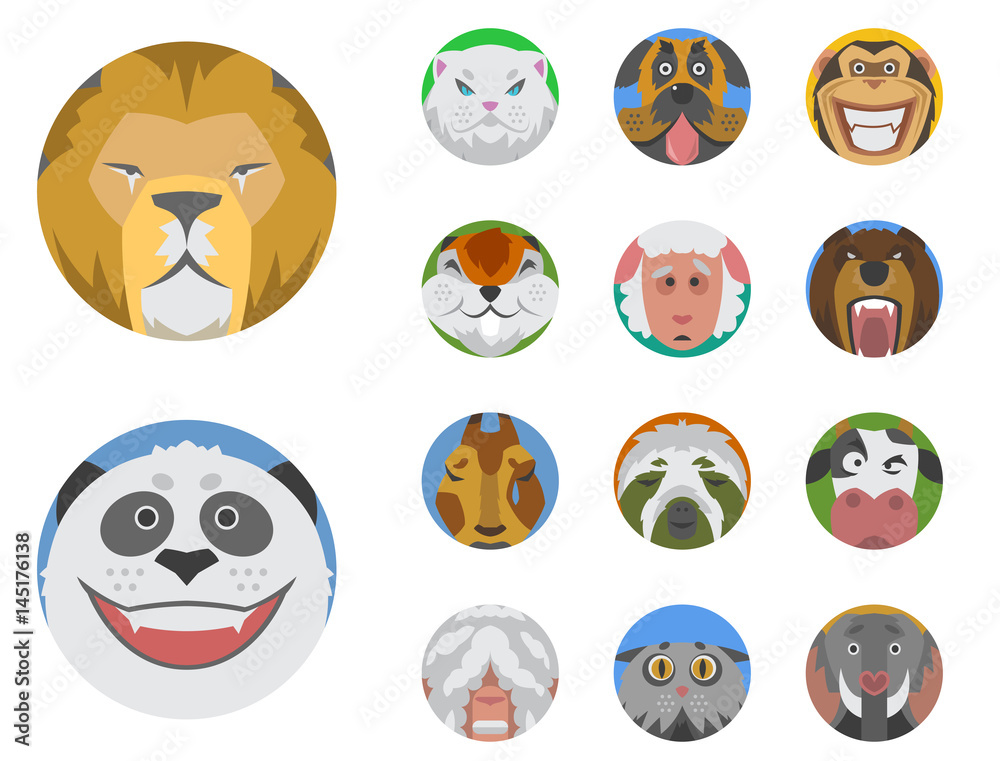 Cute animals emotions icons isolated fun set face happy character emoji ...