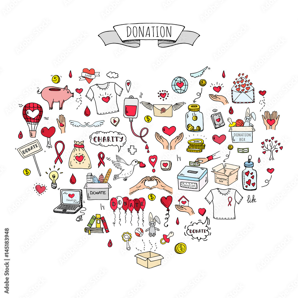 Hand drawn doodle Donation icons set. Vector illustration. Charity ...