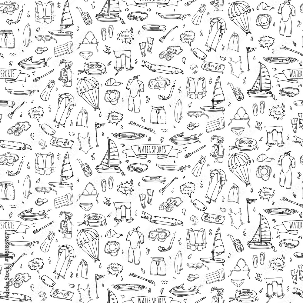 Seamless pattern hand drawn doodle Water sports icon set. Vector ...