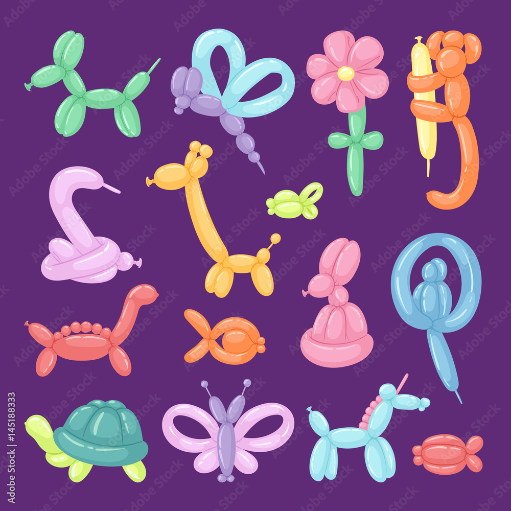 Balloon animals vector illustration cartoon set festive present rounded ...