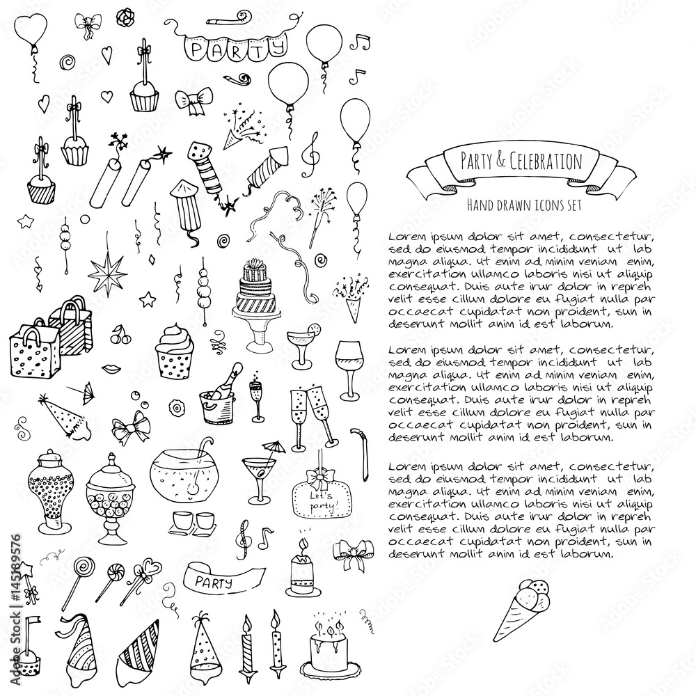 Hand drawn doodle Party and Celebration icons set Vector illustration ...
