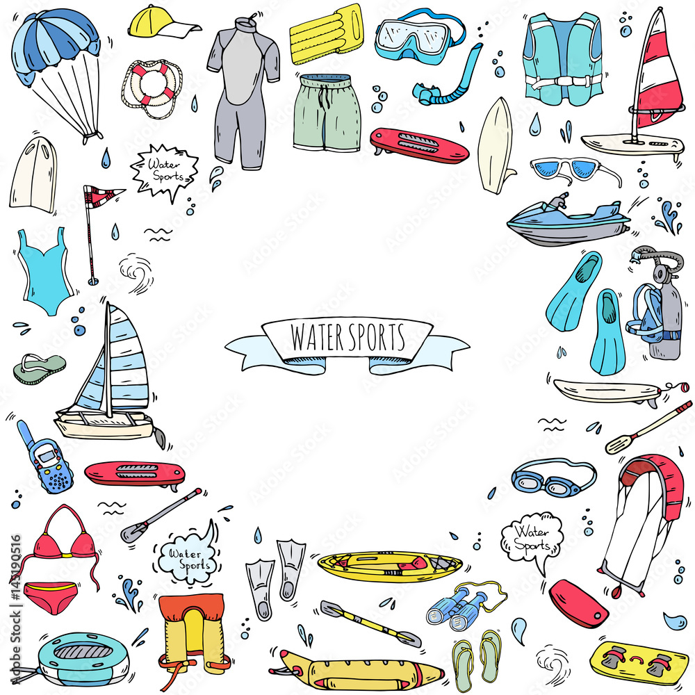 Hand drawn doodle Water sports icons set. Vector illustration, isolated ...