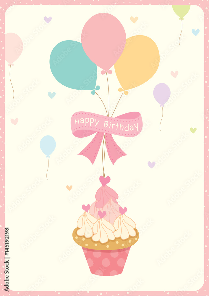 Cupcake with pastel colorful balloons decorated with ribbon for ...