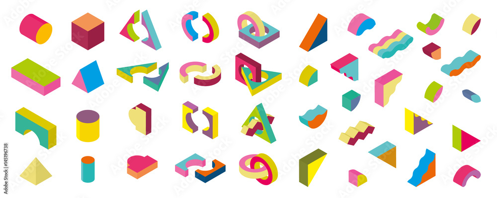 color blocks isometric Color Design elements in the Memphis style, 3d ...