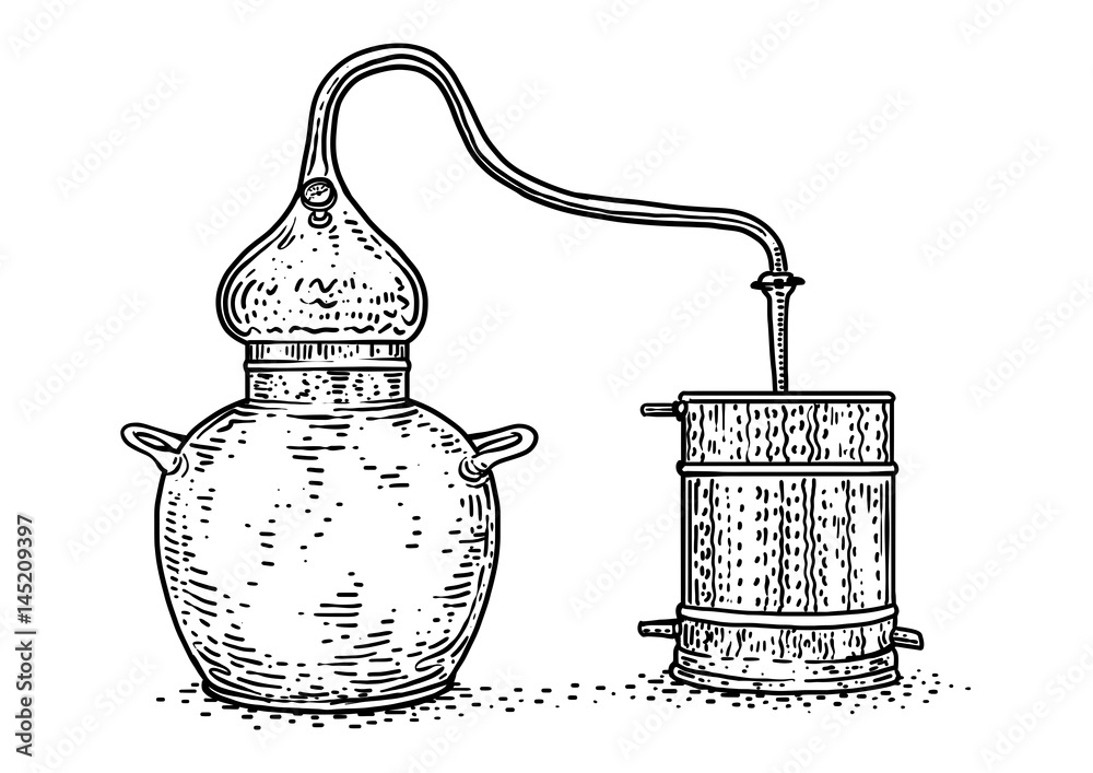 Alcohol distiller illustration, drawing, engraving, ink, line art ...