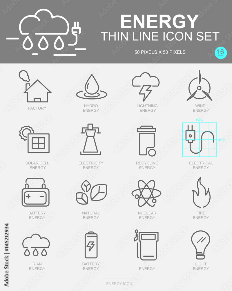 Set of Energy Vector Line Icons. Includes wind energy, Hydro energy ...