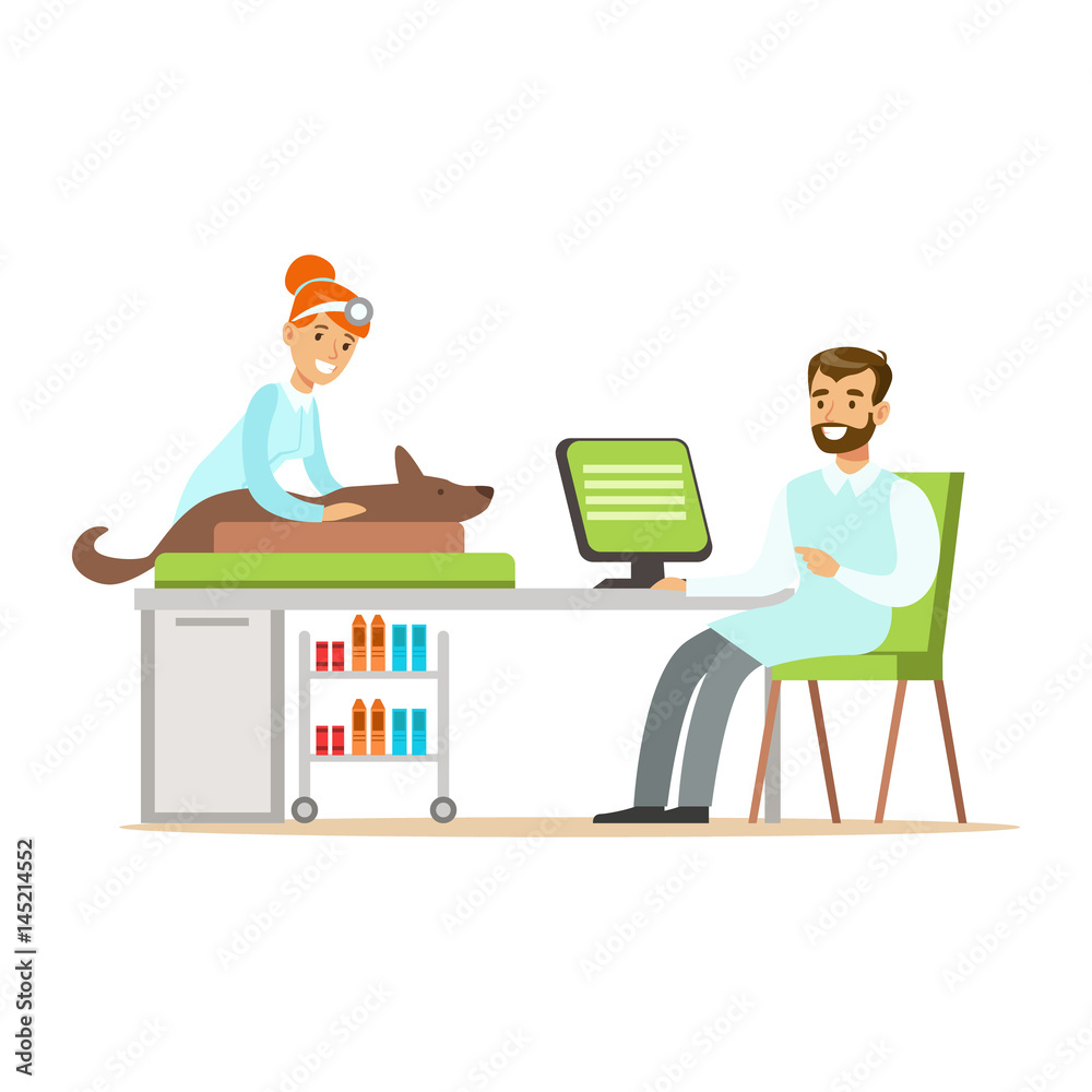 Smimling veterinarian examining dog in clinic. Colorful cartoon ...