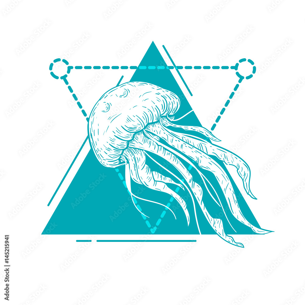 Hand drawn vector sketch of jellyfish with abstract geometric shapes ...