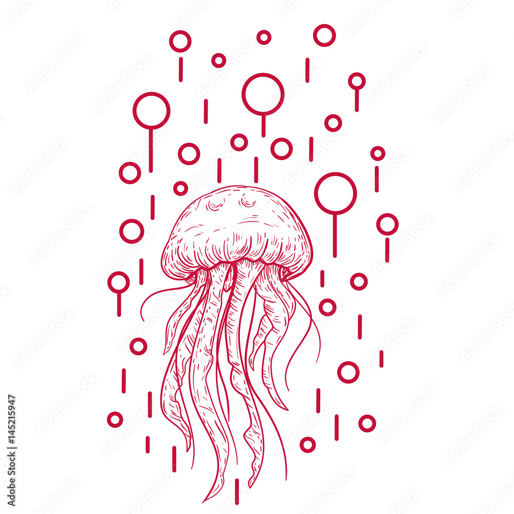 Hand drawn vector sketch of jellyfish with abstract geometric shapes ...