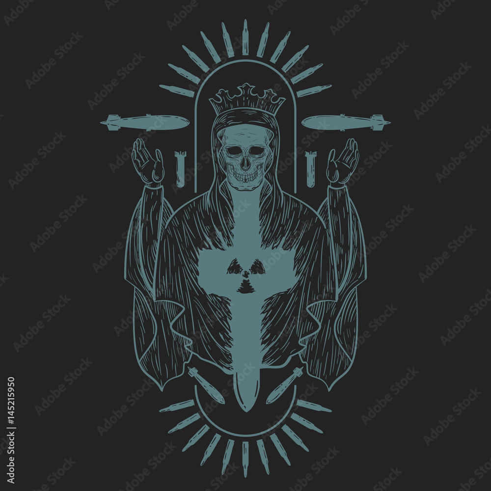 Hand drawn vintage skeleton with bombs and weapons. Creative original ...