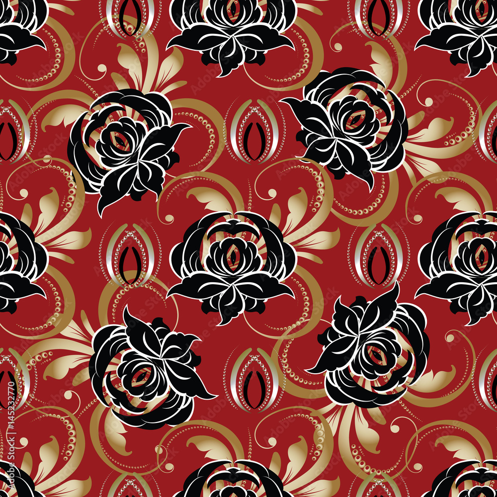 Floral seamless pattern. Red background wallpaper illustration with ...
