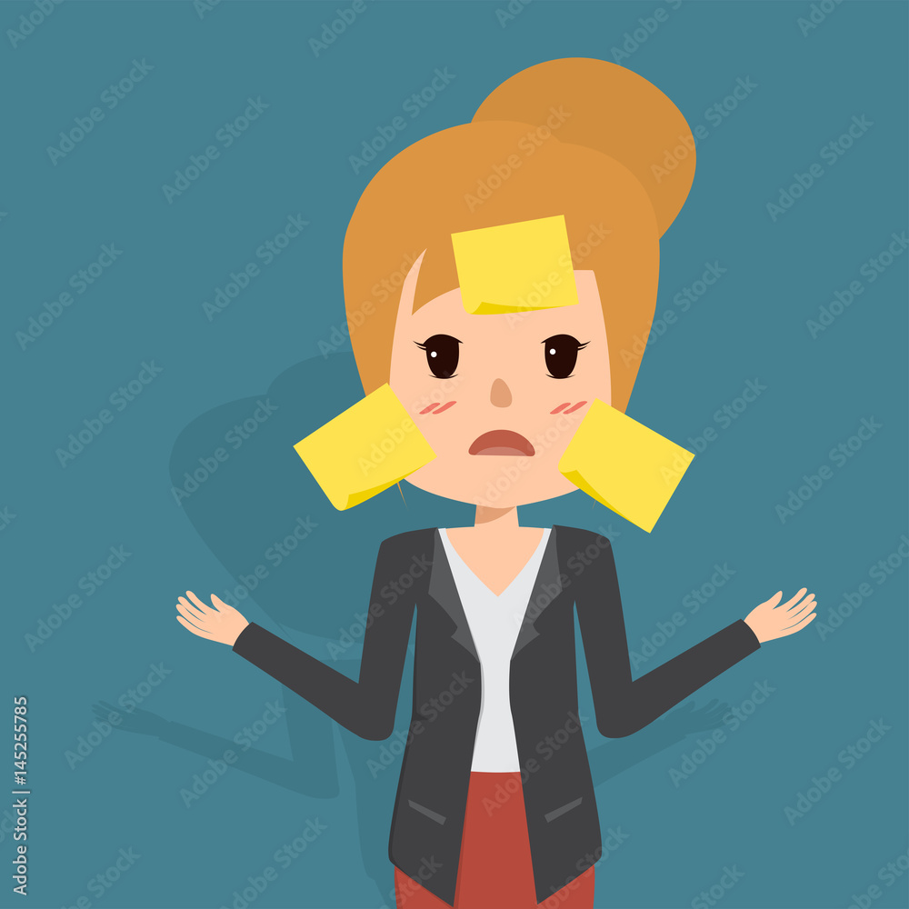 woman have many post it on her face. business woman character. avatar ...