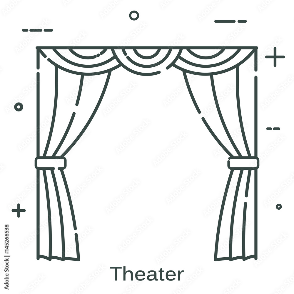 Theatrical scenes in a linear style. Line icon isolated on white ...