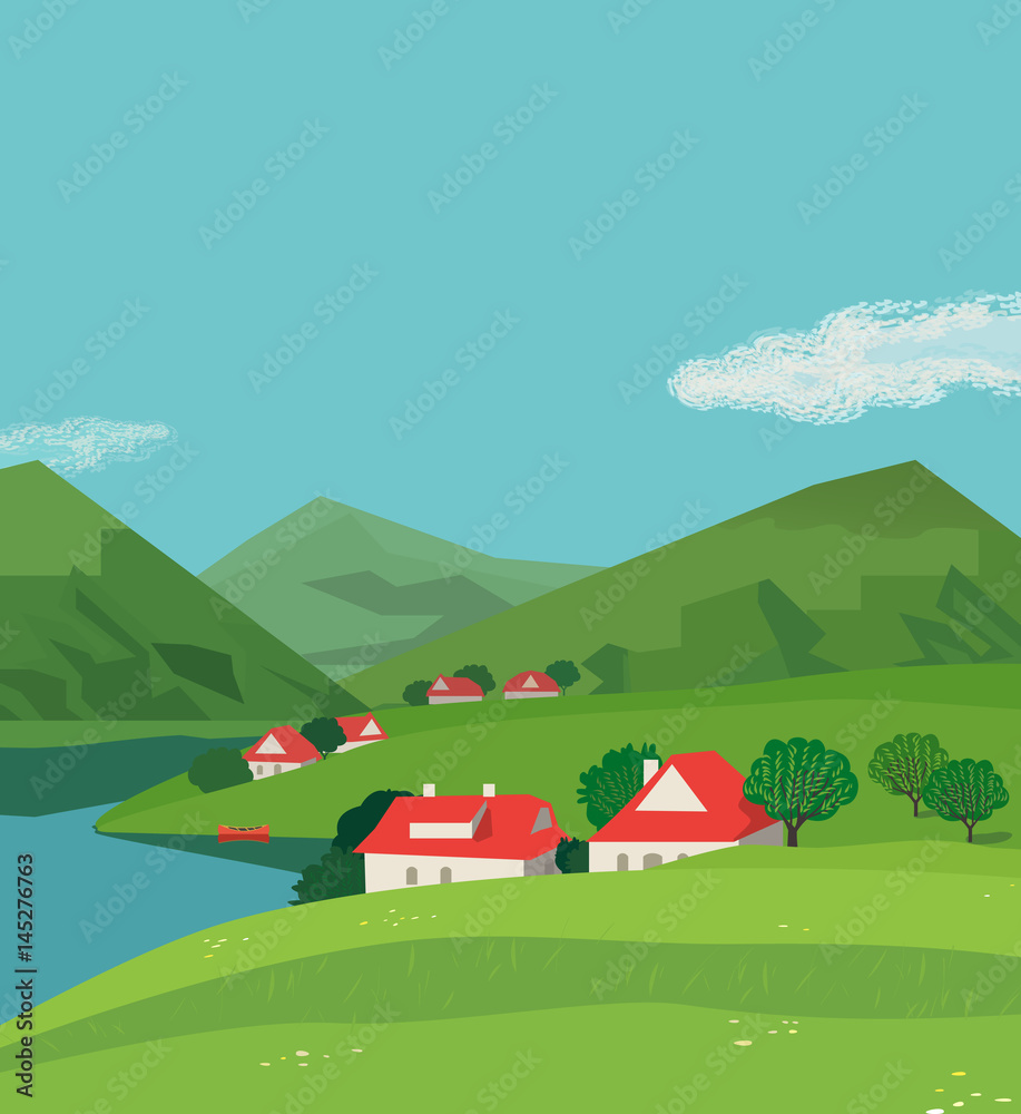 Green mountains landscape poster. Freehand drawn cartoon outdoors style ...