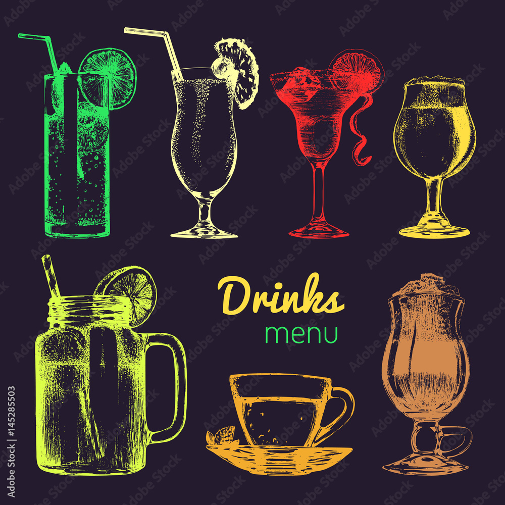 Cocktails,soft drinks and glasses for bar,restaurant,cafe menu. Hand ...
