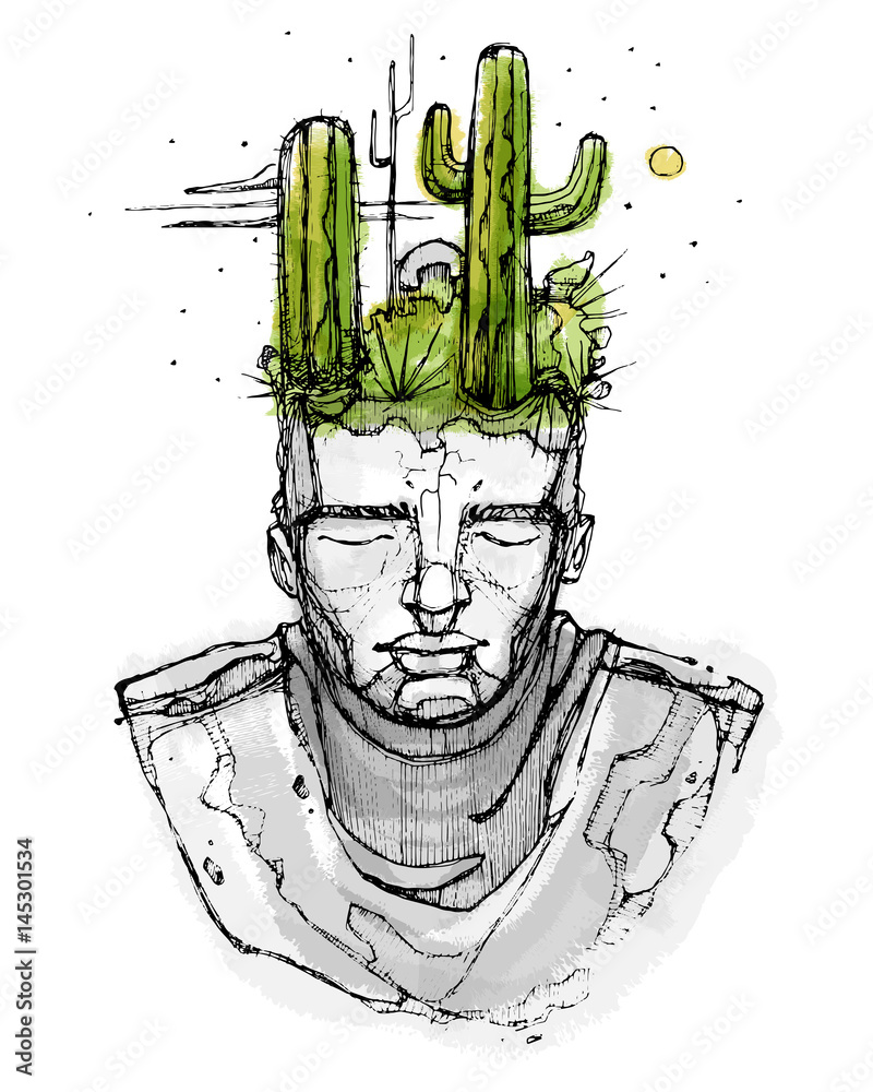 Man with cactus plants on his head Stock Vector | Adobe Stock