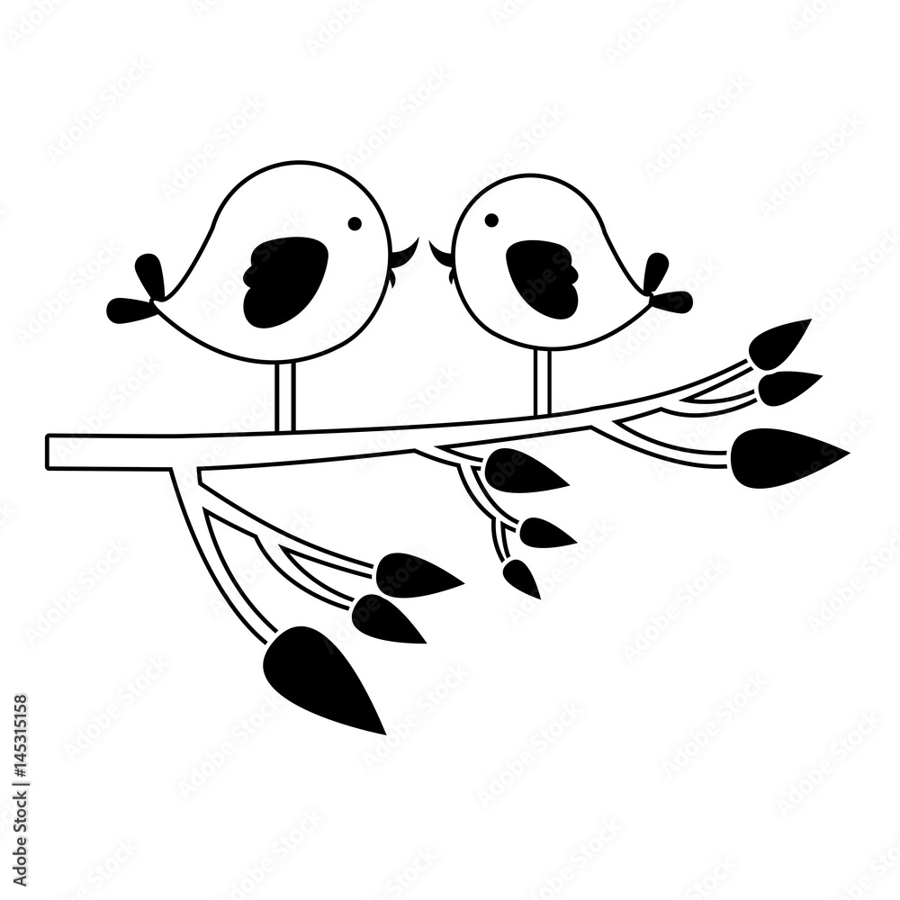 black silhouette with pair birds in tree branch vector illustration ...