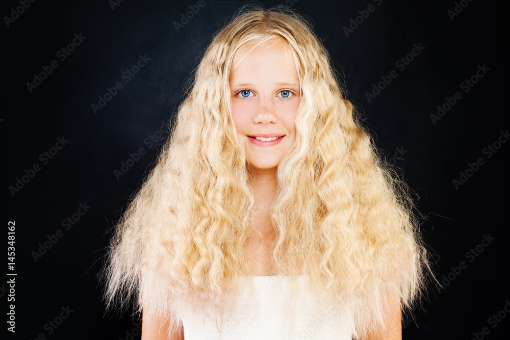Cute Young Girl with Blonde Curly Hair. Blonde Teen Girl with Curly Hair on Dark Background ...