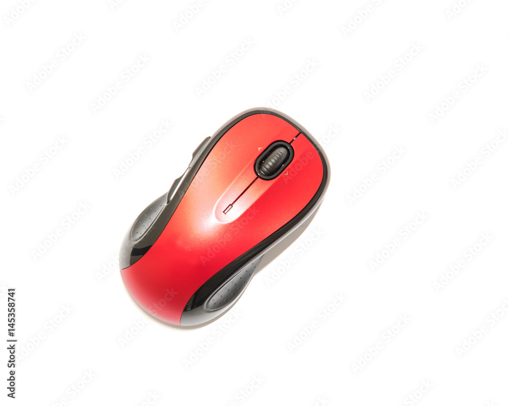 Close-up red and black wireless mouse in contoured shape isolated on ...