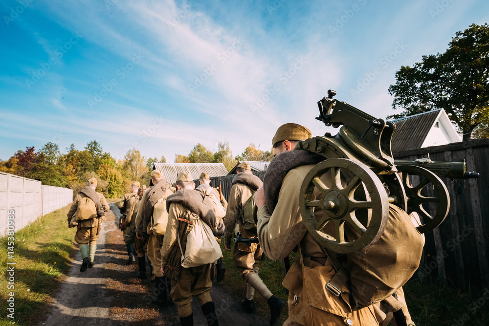 Group Of Re-enactors Dressed As Soviet Russian Red Army Infantry Stock ...
