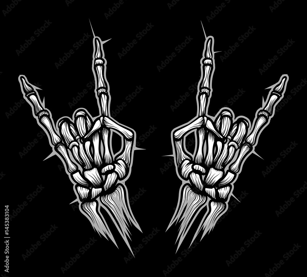 Engraving Rock Horn Sign Vector Illustration Devil Skeleton Heavy