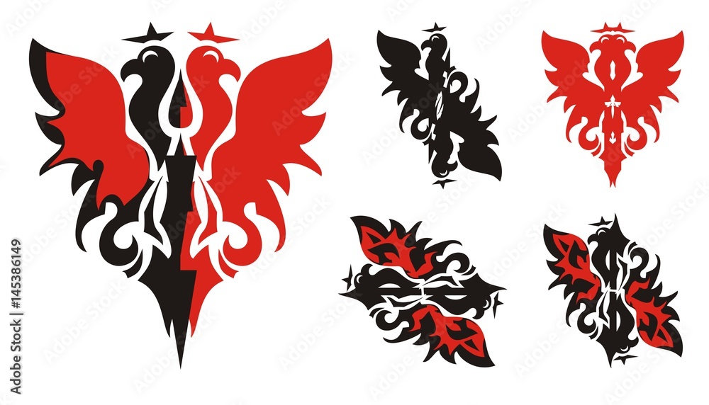 Two-headed red and black eagle symbols. Heraldic eagle icons with ...