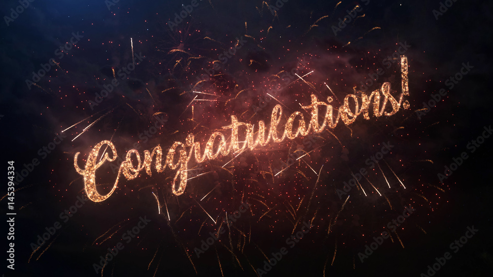 Congratulations greeting text with particles and sparks on black night ...