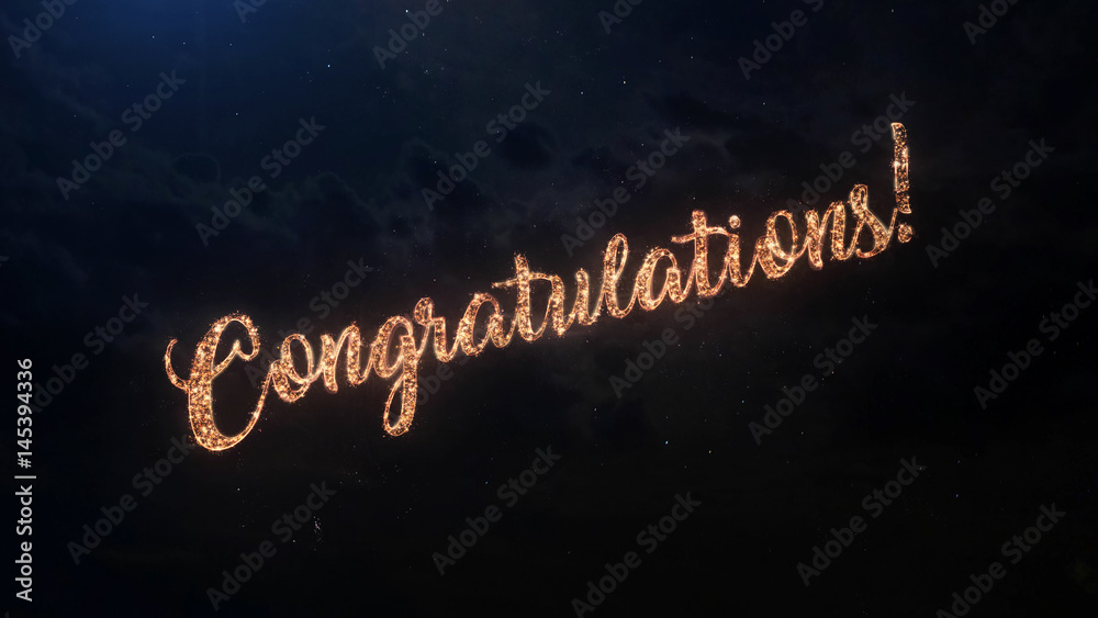 Congratulations greeting text with particles and sparks on black night ...