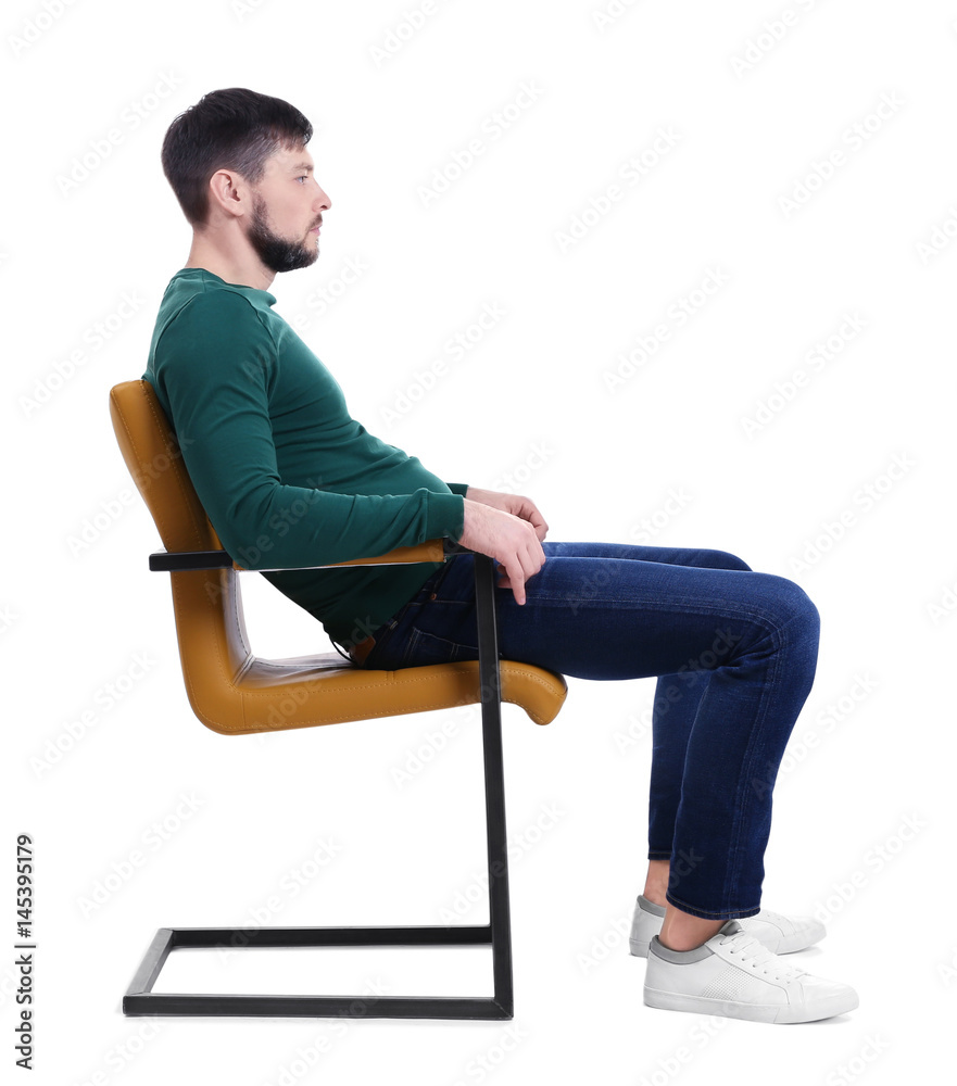 Posture concept. Man sitting in armchair on white background Stock ...