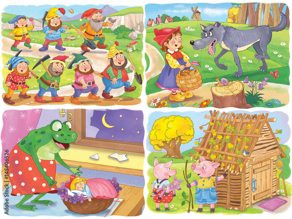 Small set of fairy tale illustrations. Snow White and seven dwarfs ...