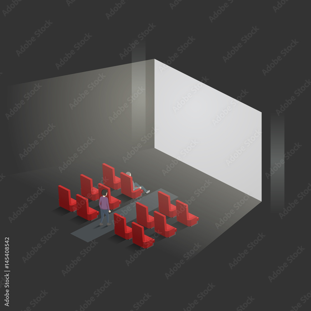 Cinema hall interior. People watching movie. Isometric view. Vector ...
