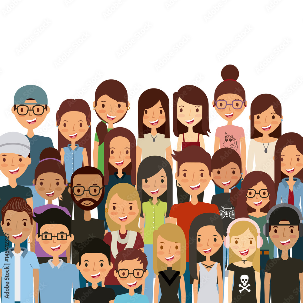 cartoon young people smiling and wearing casual clothes icon over white ...