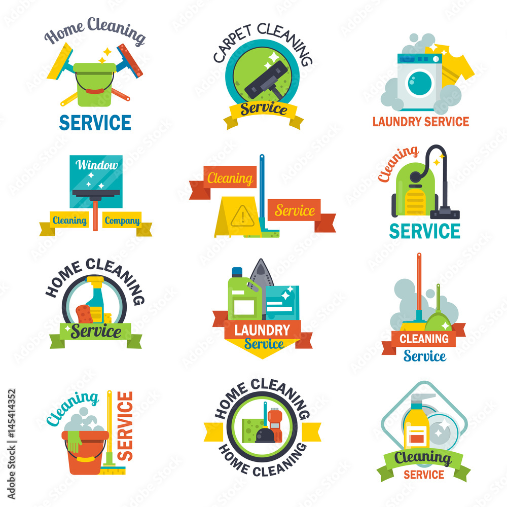 Set of cleaning service emblems labels design home household symbol ...