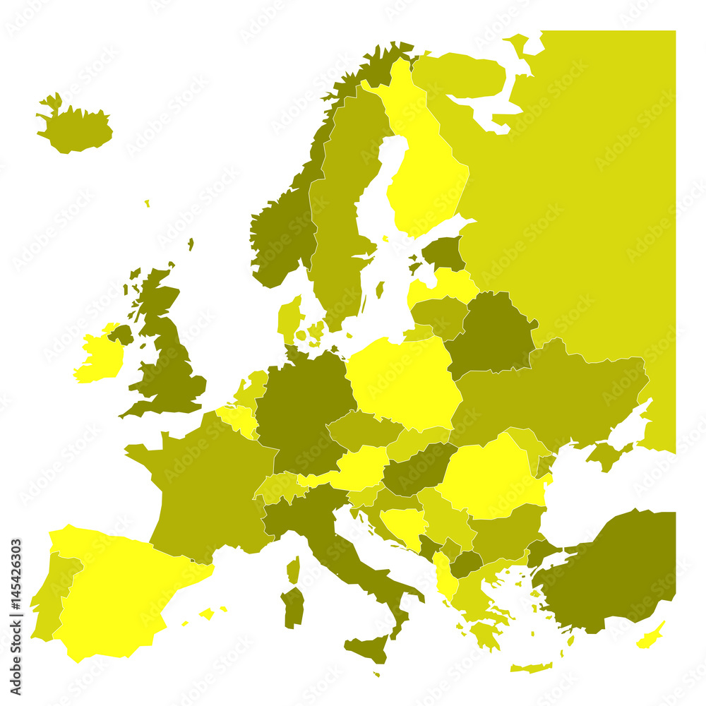 Political map of Europe in four shades of yellow on white background ...