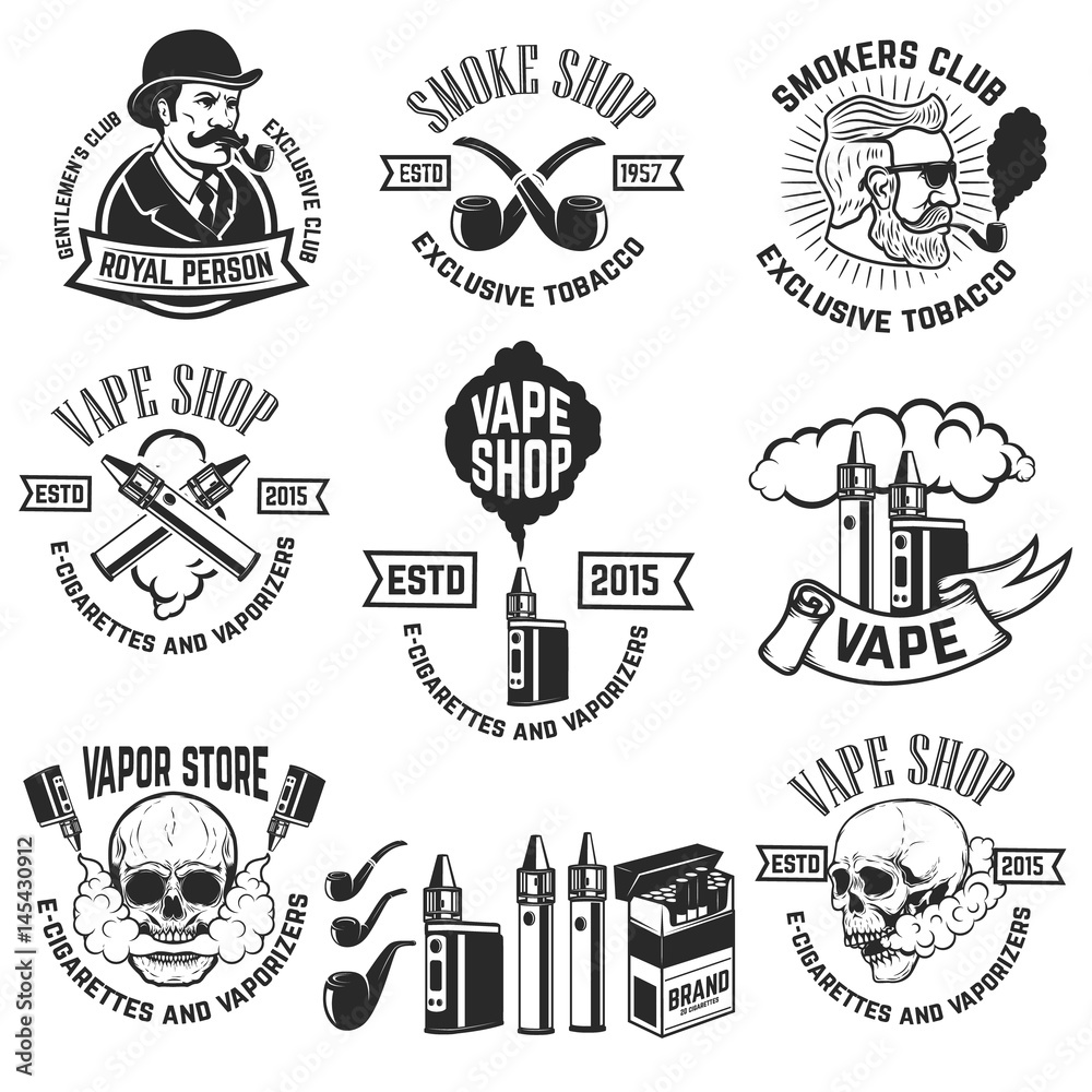 Set of vape shop emblem templates. Smoke shop. Design elements for logo ...