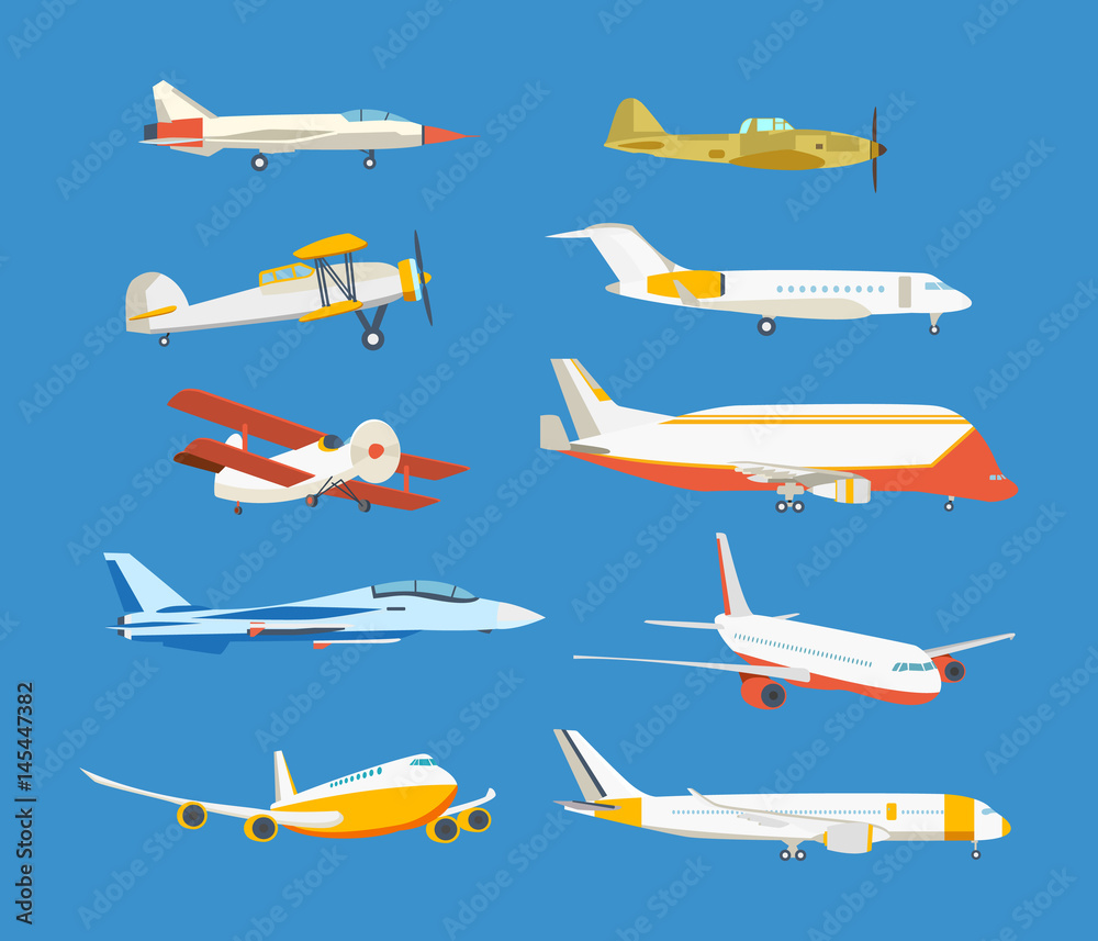 Types of airplane: passenger, civil, airbus, military, biplane ...