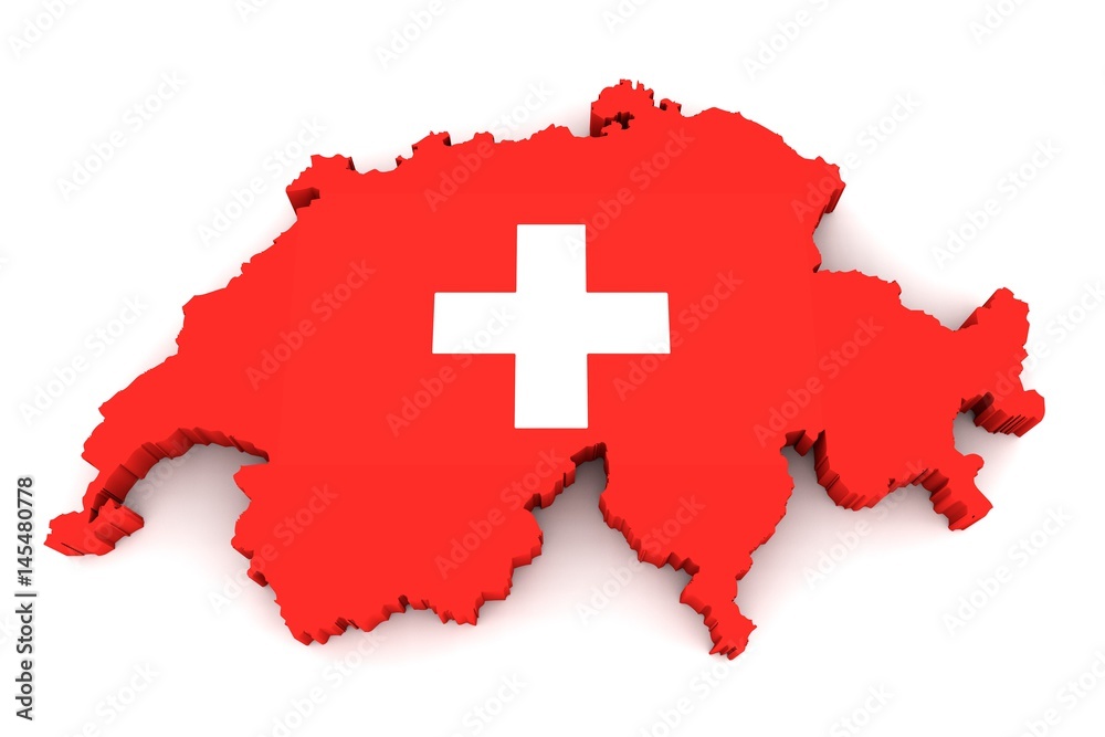 Country shape of Switzerland - 3D render of country borders filled with colors of Switzerland ...
